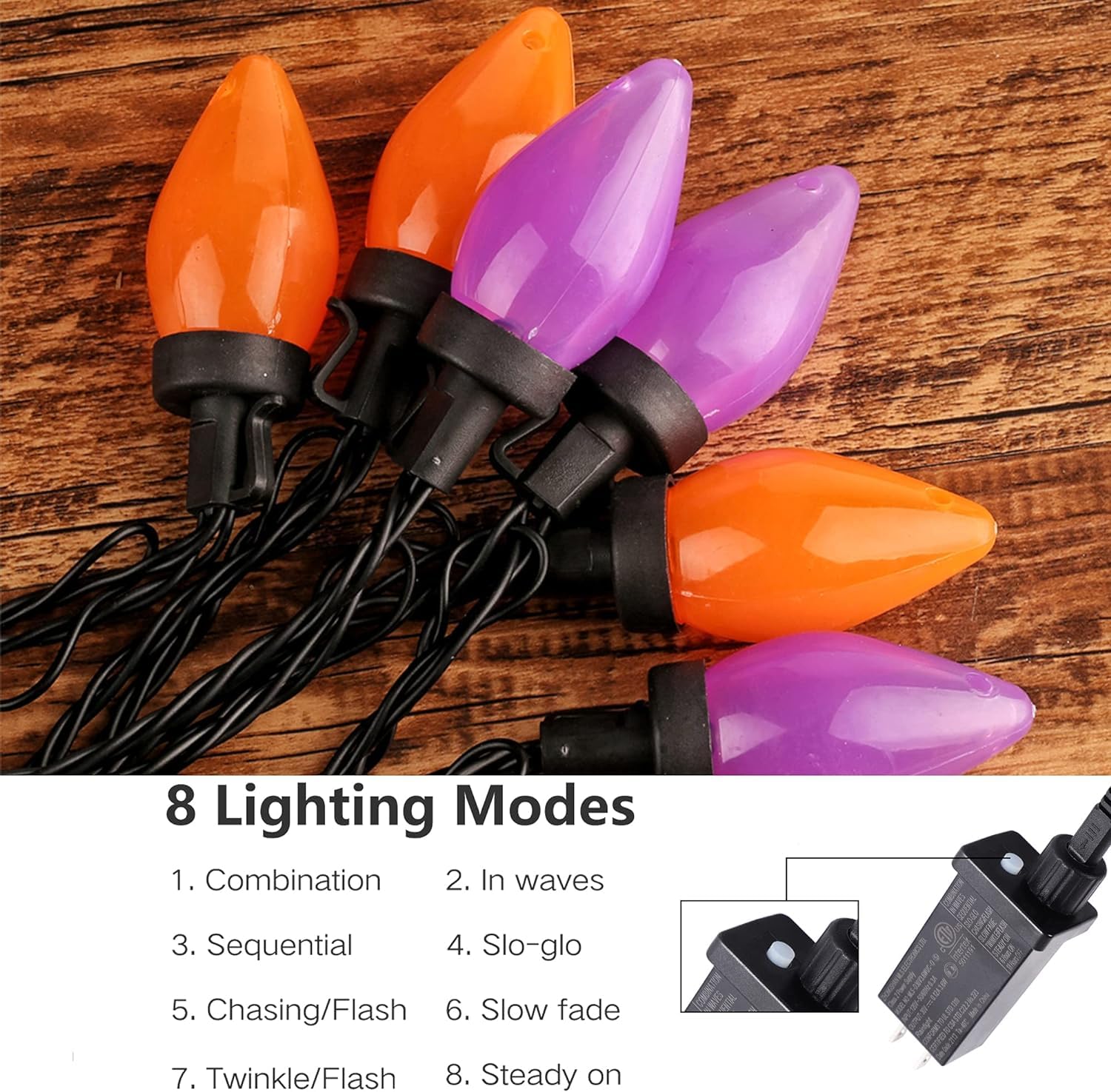 RECESKY C7 Halloween String Lights - 50 LED 24Ft Smooth Bulb Orange Purple Lights with Timing Function - Extendable 8 Modes Halloween Lighting for Indoor Lawn House Halloween Party Decorations