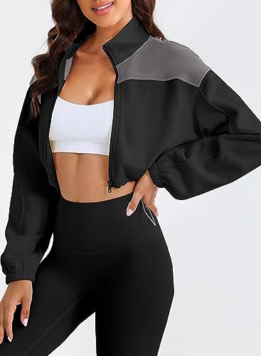 Herseas Women's Black Color Block Fleece Short Workout Jacket Warm Winter Long Sleeve Full Zip Stand Collar Fashion Sherpa Crop Coat Small 4 6