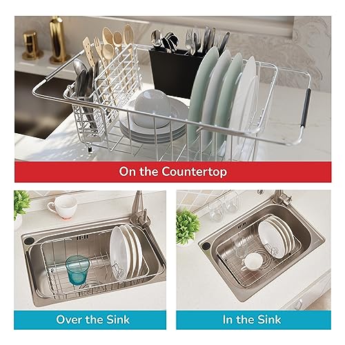 KESOL Over The Sink Drying Rack, Expandable Dish Rack with 2 Utensil Holders (1 Plastic & 1 Steel), 304 Stainless Steel Drying Rack for Kitchen Sink with Anti-Scratch Base, Rustproof Dish Drainer