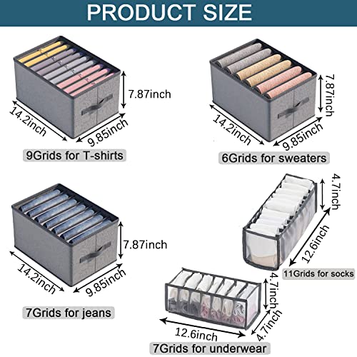 CSKB Wardrobe Clothes Organizer,5Pcs Drawer Organizers for Clothing, 6/7/9 Grids Stackable Dividers Closet Drawer Organizer with Built-in PP Board for Clothing Jeans,Pants, Sweaters,Hoodies