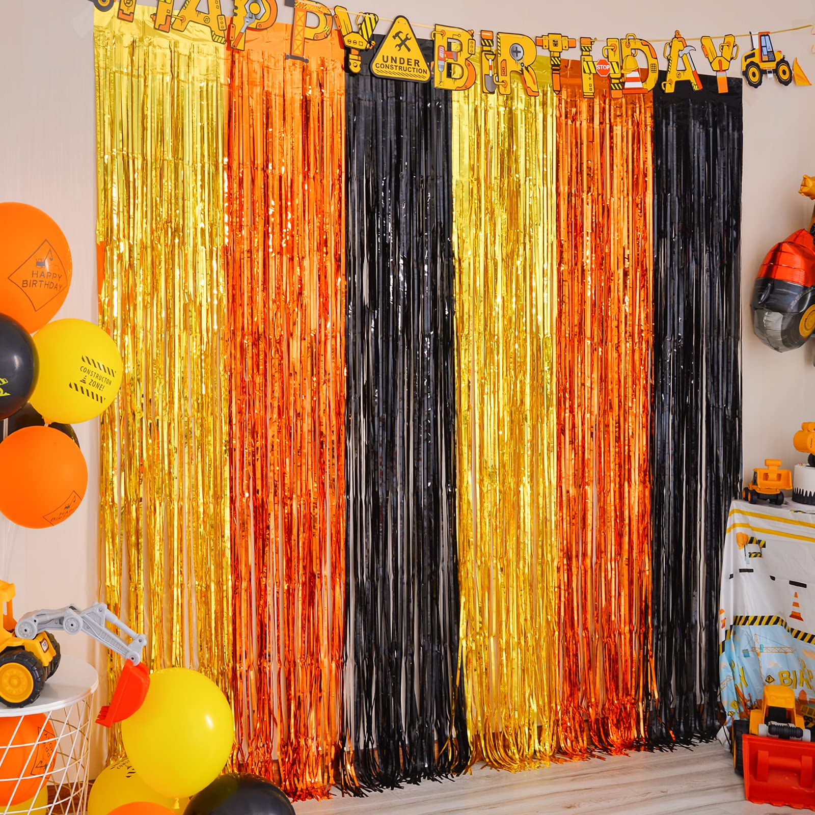 LOLStar 2 Pack Construction Foil Fringe Curtains, Construction Birthday Party Supplies, 3.3x6.6 ft Yellow Orange and Black Tinsel Photo Booth Prop, Streamer Backdrop for Construction Party Decoration