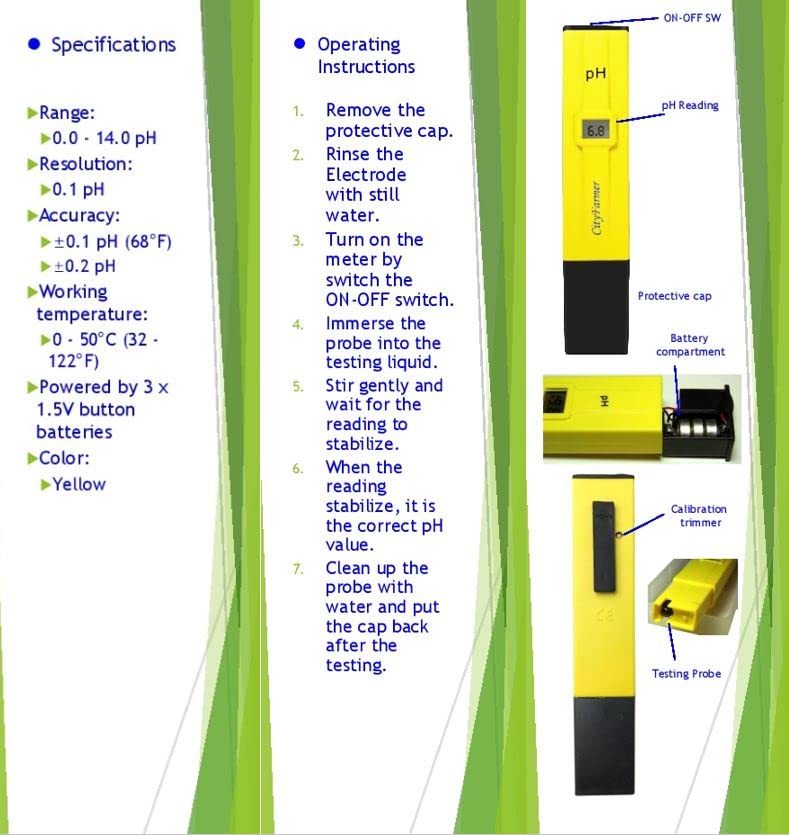 CityFarmer PH Pen, Digital pH Meter, PH Meter for Water Hydroponics, with 2 Pack of Calibration Solution Mixture Included