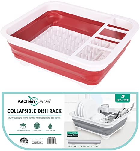 J&V TEXTILES Collapsible Dish Drying Rack - Popup for Easy Storage, Drain Water Directly into The Sink, Room for Eight Large Plates, Sectional Cutlery and Utensil Compartment, Compact (Red)