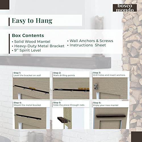 BoscoMondo 48 Inch Fireplace Mantel - Solid Rustic Wood - Wall Mounted Floating Farmhouse Shelf - with Invisible Heavy Duty Metal Bracket (48", Dark Brown)