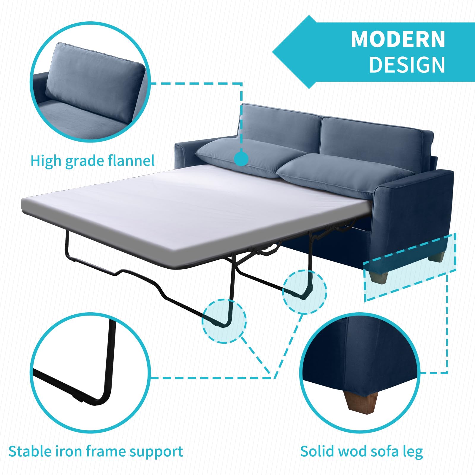 CECER Queen Size Pull Out Sofa Bed, 2-in-1 Loveseat Sleeper Sofa with Foldable Mattress, Upholstered Velvet Convertible Sleeper Couch Bed for Living Room, Apartment, Office-Blue