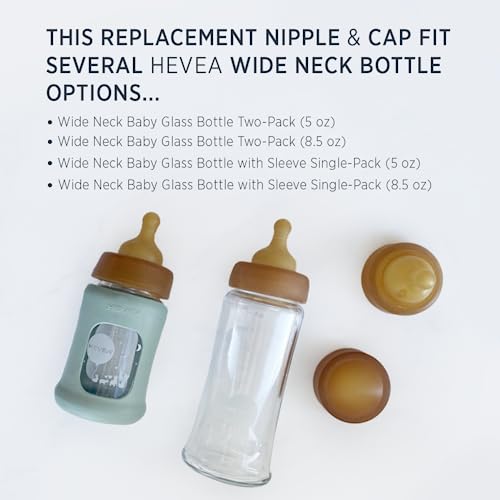 HEVEA Wide Neck Baby Bottle Nipple - Slow Flow Glass Bottle Nipple for Newborn Babies - Single-Pack - 100% Natural Rubber 0+ Months