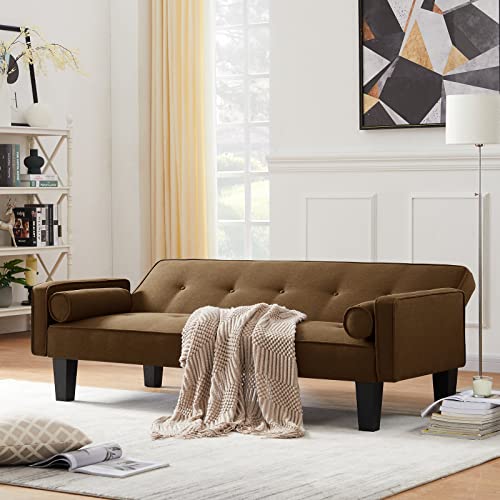 EMKK Love Seat Sofa,Modern Loveseats Adjustable SofaBed Sleeper, Button Tufted Upholstered Accent Recliner with 2 Pillows, Couch for Living Room Bedroom Home/Apartment, Brown