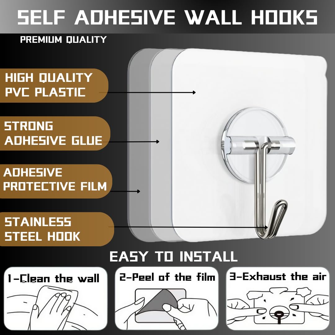 BrapWrap Adhesive Hooks, 24 Pack, Self Adhesive Transparent Waterproof Sticky Hooks, Heavy Duty Self Adhesive Hooks Stick on Bathroom Kitchen Office Outdoors, Transparent Sticky Hooks for Hanging