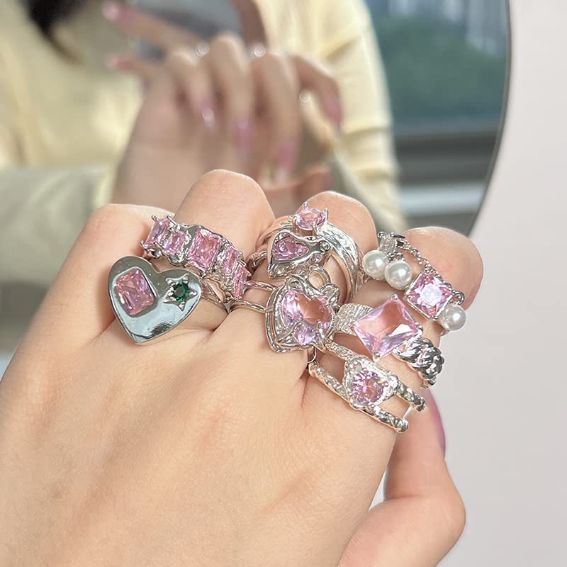 BENBIYO 8PCS Pink Crystal Rhinestones Rings Set Coquette Adjustable Heart Sparkling Stackable Knuckle Finger Ring for Women Girls