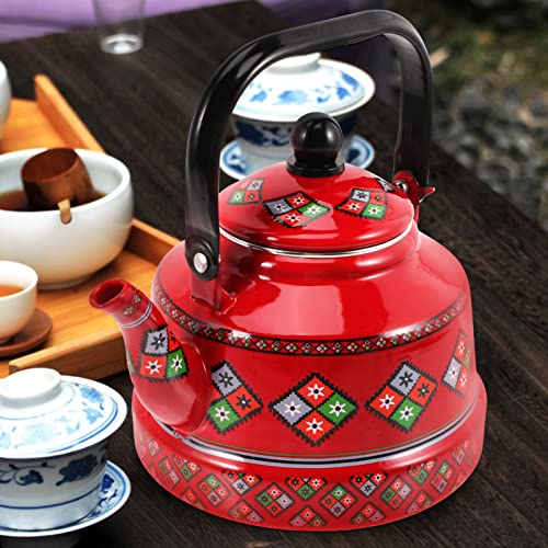 DOITOOL Enamel Tea Kettle Vintage Stovetop Tea Pot Hot Water Boiling Kettle Gas Cooker Kettle Coffee Pot with Handle 2.5L Red