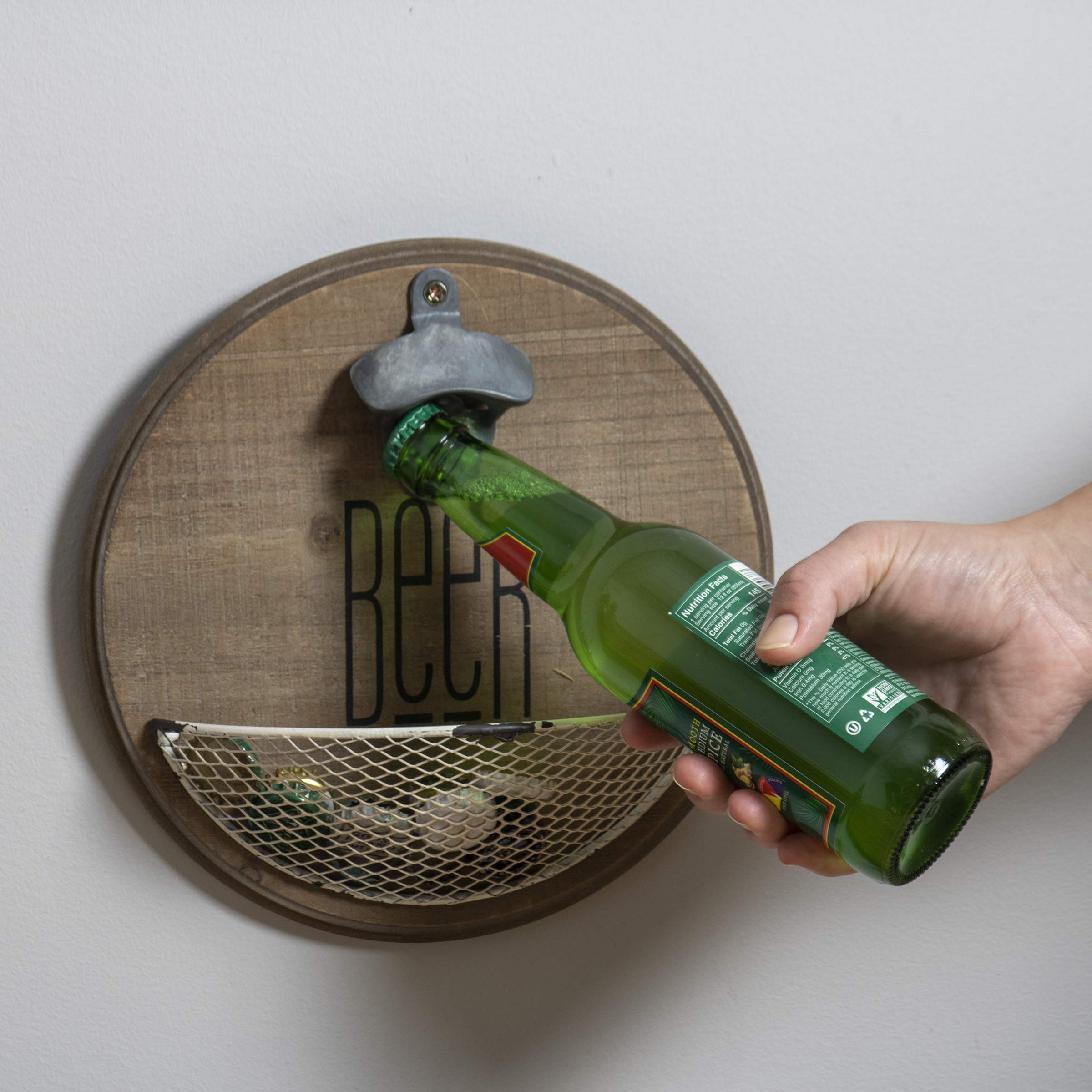 Foreside Home and Garden Rustic Wood Wall Mount Beer Bottle Opener with Metal Basket, Brown
