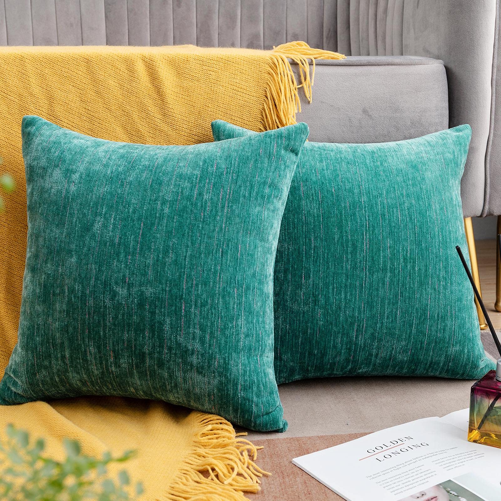 Lipo Thick Chenille Pillow Covers 18x18- Set of 2 Decorative Euro Throw Pillows Cover, Soft Cushion Case, Home Decor Rustic Farmhouse for Couch, Bed, Sofa, Bedroom, Car (Turquoise, 18X18 Inch)