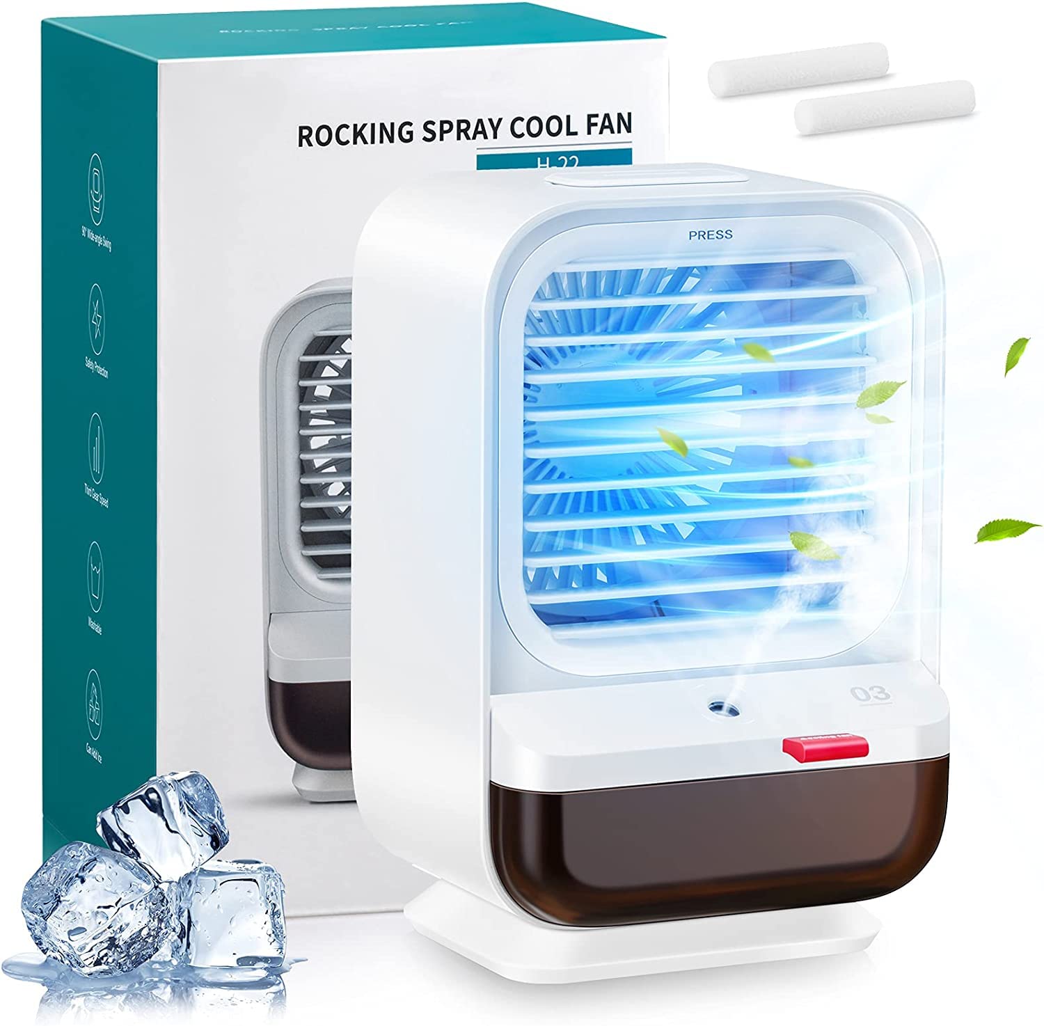 BENBOAR Portable Air Conditioner Fan, Desktop Air Cooler with Automatic Rotation & Water Tank Evaporative Humidifier, Cold Mist Humidifier Atomizer with Warm Night Light, 4000 mAh Power (Desktop fan)
