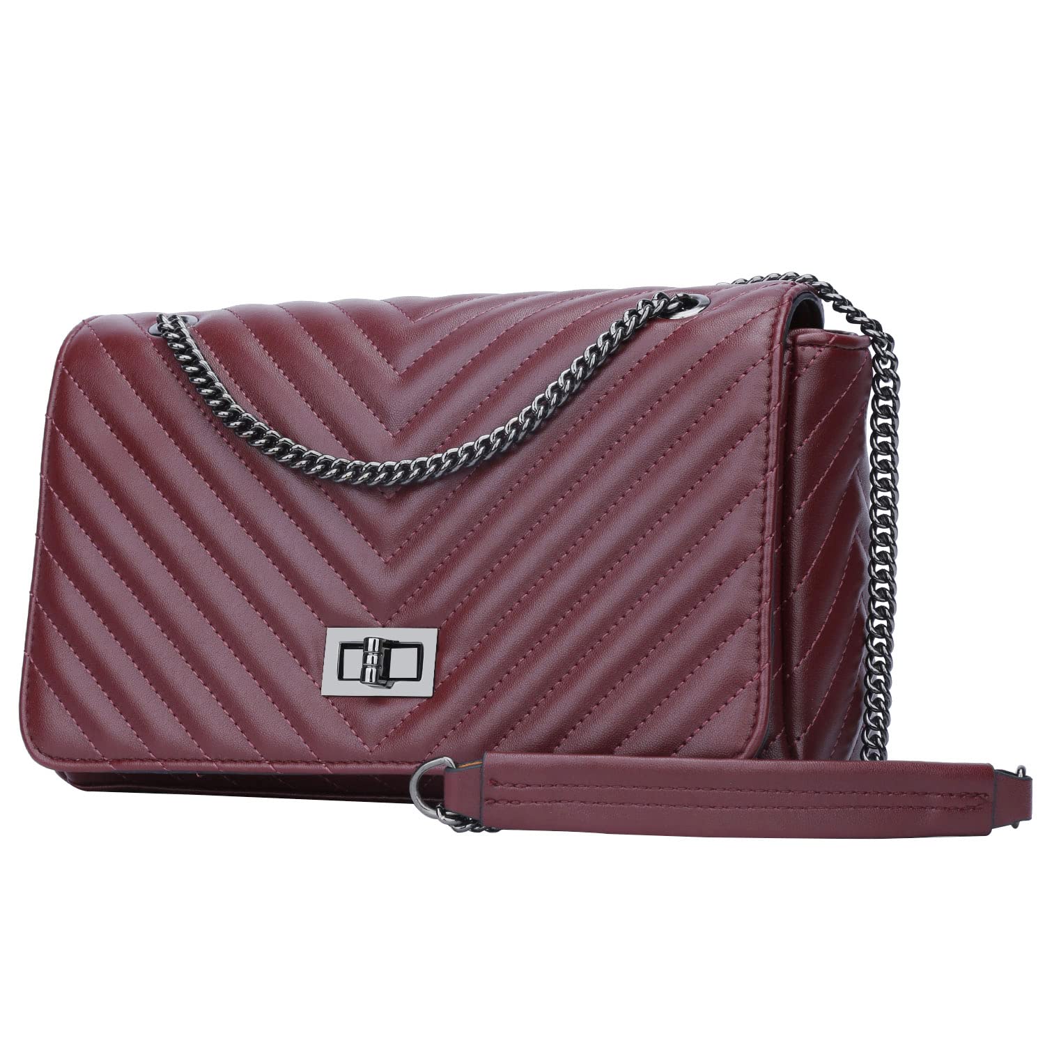KKXIU Quilted Multiple Pocket Women Crossbody Bag with Chain Strap Stylish Ladies Shoulder Clutch Purse (a-Wine)