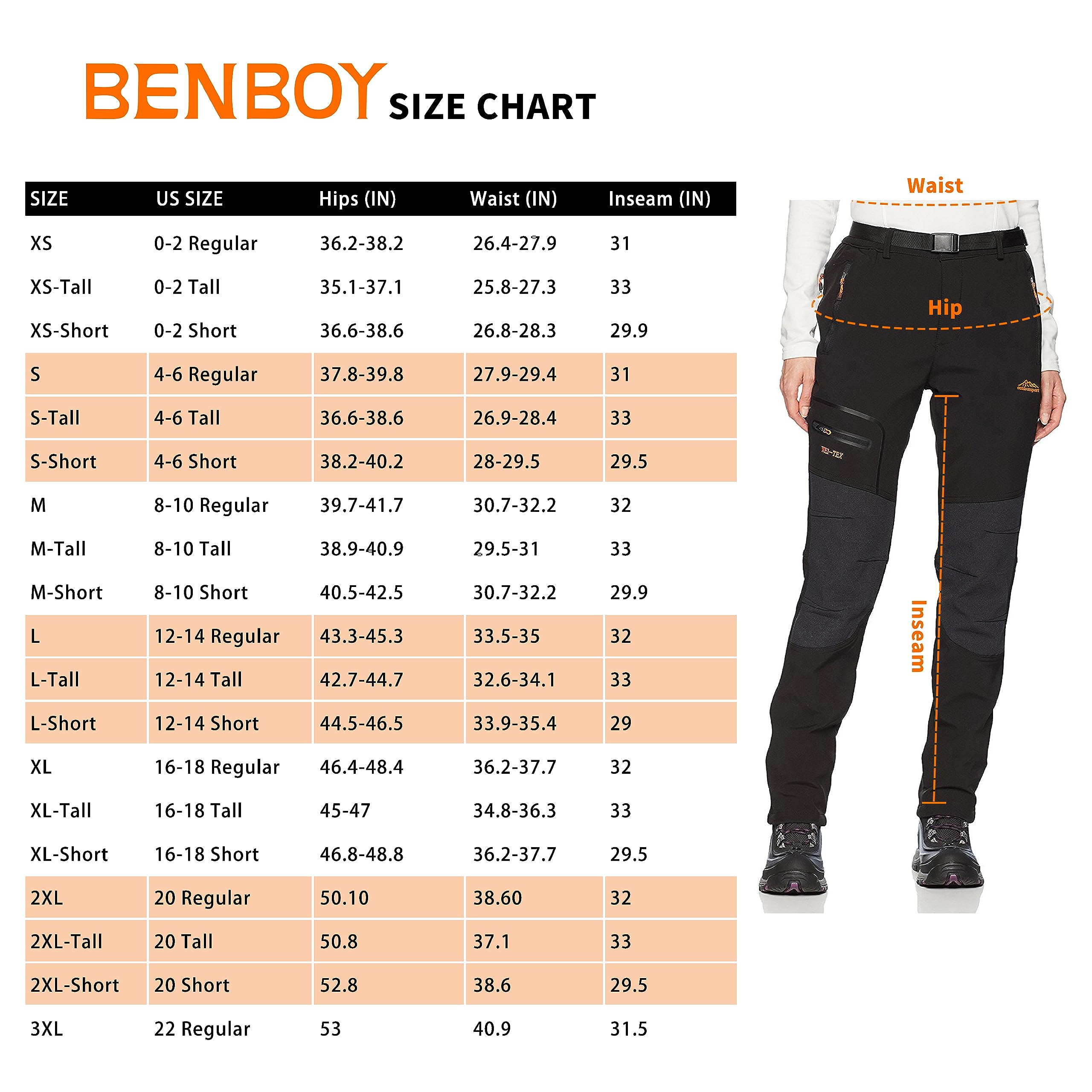 BenBoy Women's Outdoor Waterproof Windproof Fleece Slim Cargo Snow Ski Hiking Pants,Black X-Large