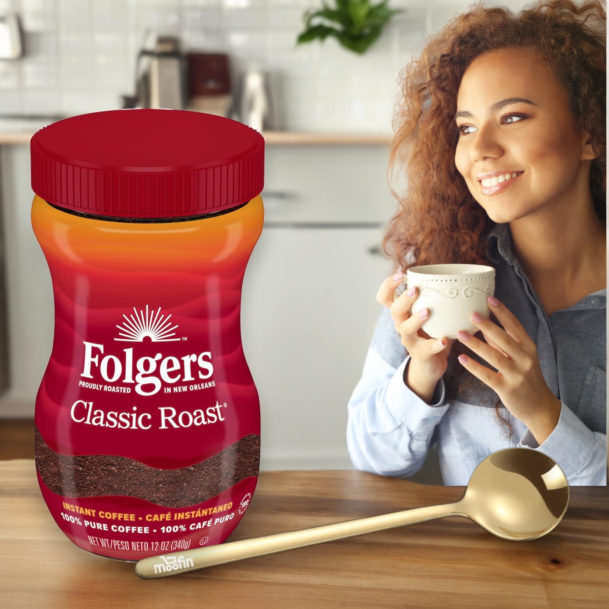 Classic Roast Instant Coffee Medium Roast, 12 oz - Includes Moofin Golden SS Spoon, Rich Aromatic Flavor, Quick Dissolve - Versatile & Convenient, Ideal for Home & Travel [Pack of 3]