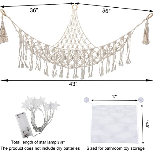 Stuffed Animal Hammock Macrame with Light and Storage Bag, Toy Hammock Corner Organizer Display Holder Net for Hanging Toy Storage and Home Cleaning(Beige)