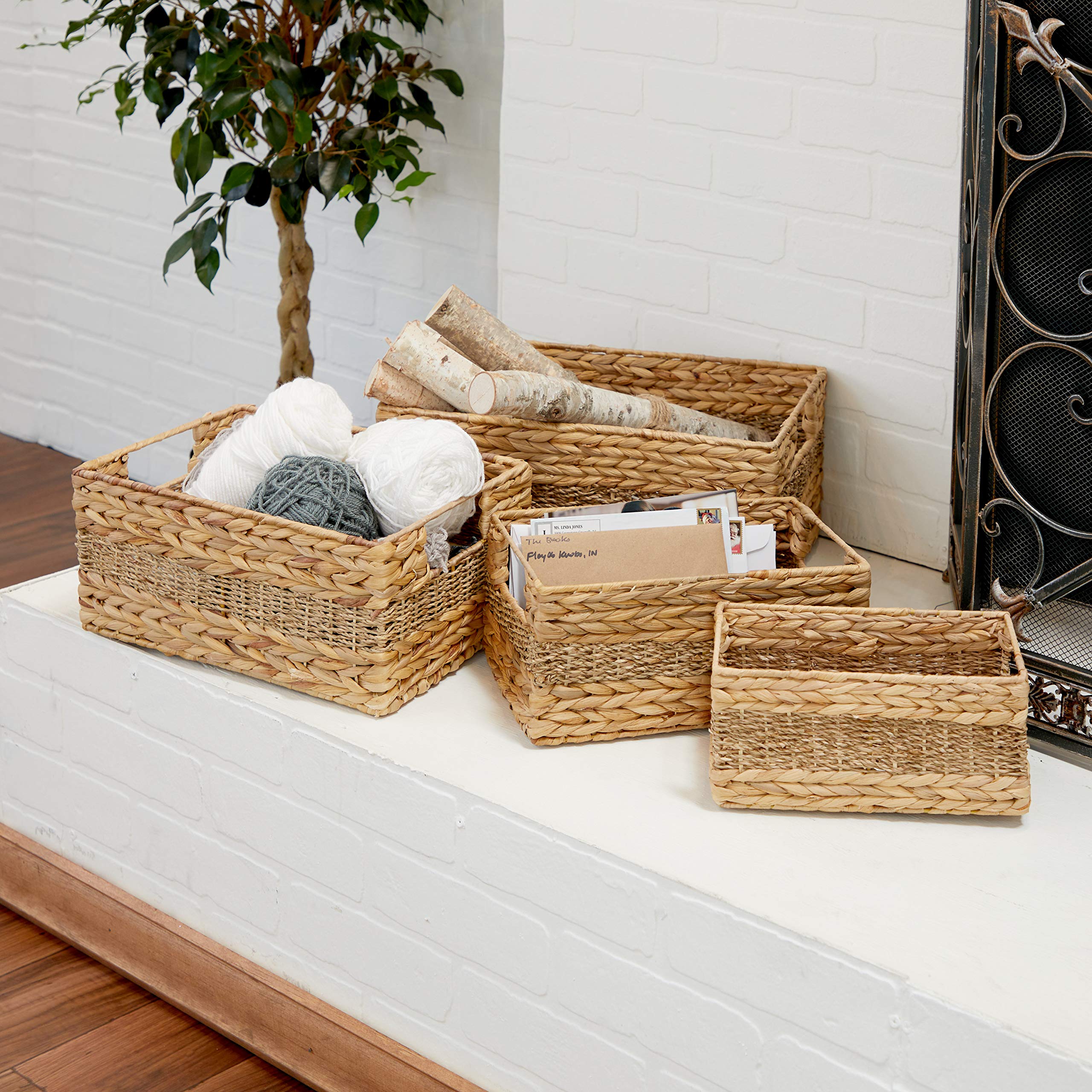 Deco 79 Seagrass Handmade Decorative and Functional Storage Basket Basket Organizer with Handles, Set of 4 Basket for Storage 16", 14", 12", 10"W, Light Brown