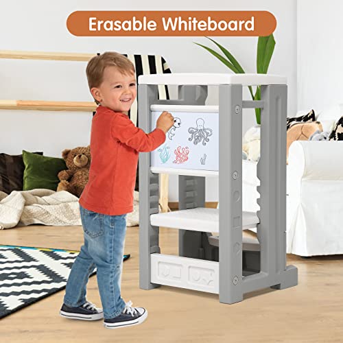 Toddler Tower Children Step Stool with 4 Adjustable Heights, Kitchen Helper Stool with Safety Rail, Learning Tower for Toddlers Kids with Whiteboard, Toddler Step Stool Helper, 1-6 Year Old Boy Girl