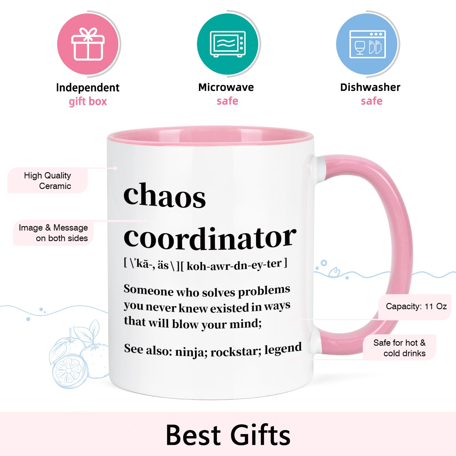 Cabtnca Chaos Coordinator Mug, 11Oz, Porcelain, Coffee Mug for Women Boss Teacher, Funny Work Gifts, Handmade, Microwave Safe, Dishwasher Safe