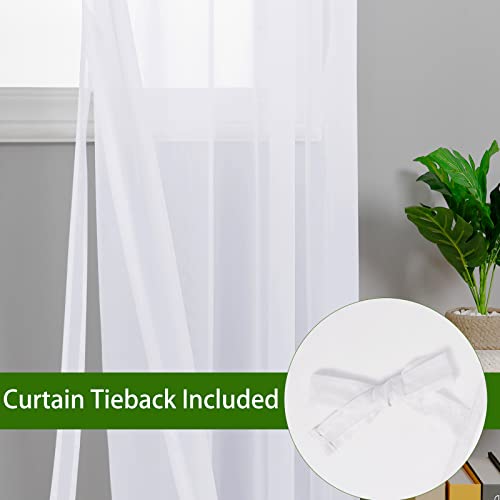 Hiasan White Sheer Curtains for Bedroom with Tiebacks, Lightweight Airy Breathable Voile Drapes Light Filtering Rod Pocket Window Curtains for Living Room, Nursery, W52 x L63, 2 Soft Panels