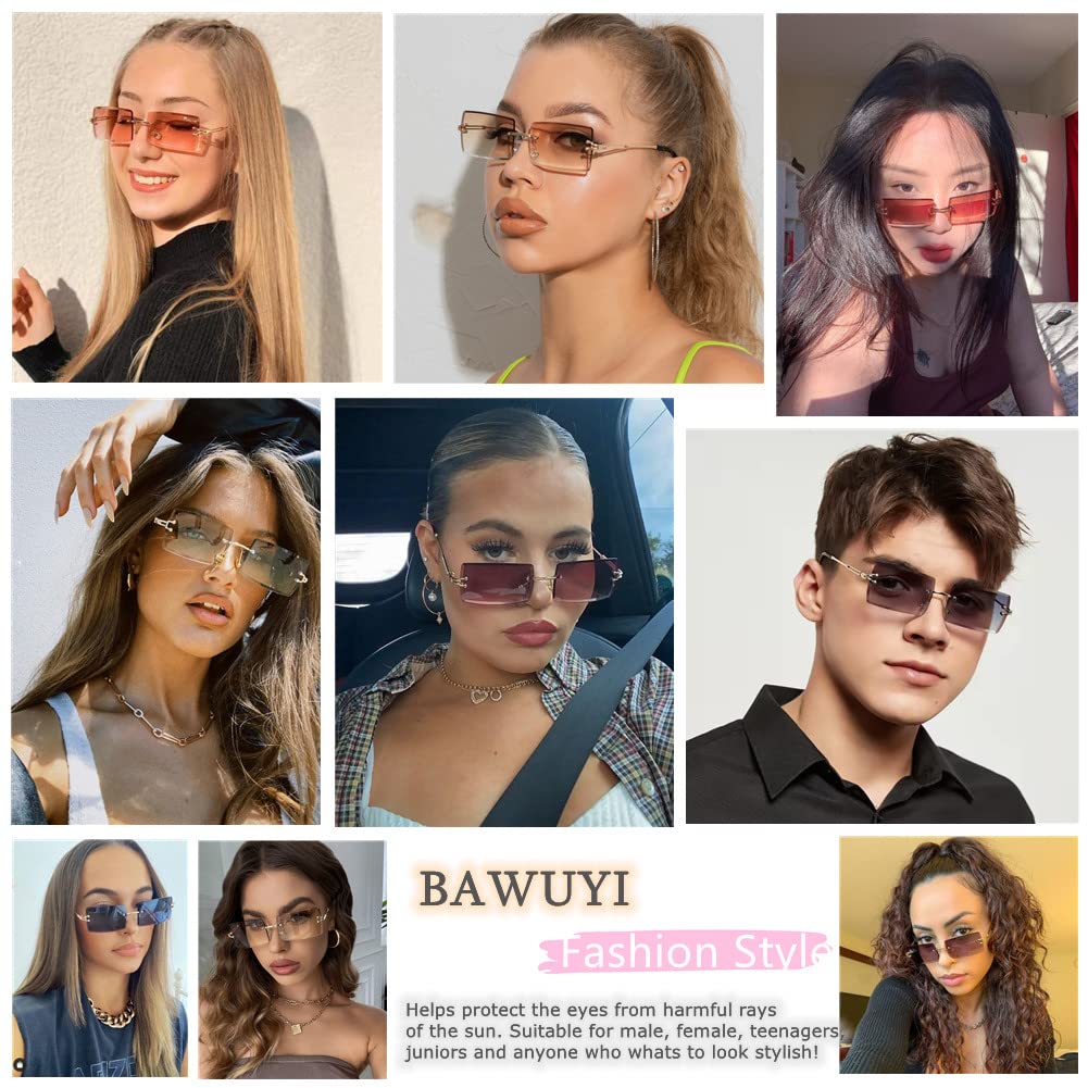BAWUYI 90s 2000s Rectangle Rimless Sunglasses Women Men Y2K Accessories Vintage Retro Frameless Square Glasses UV400 Tinted Lens Silver-Grey