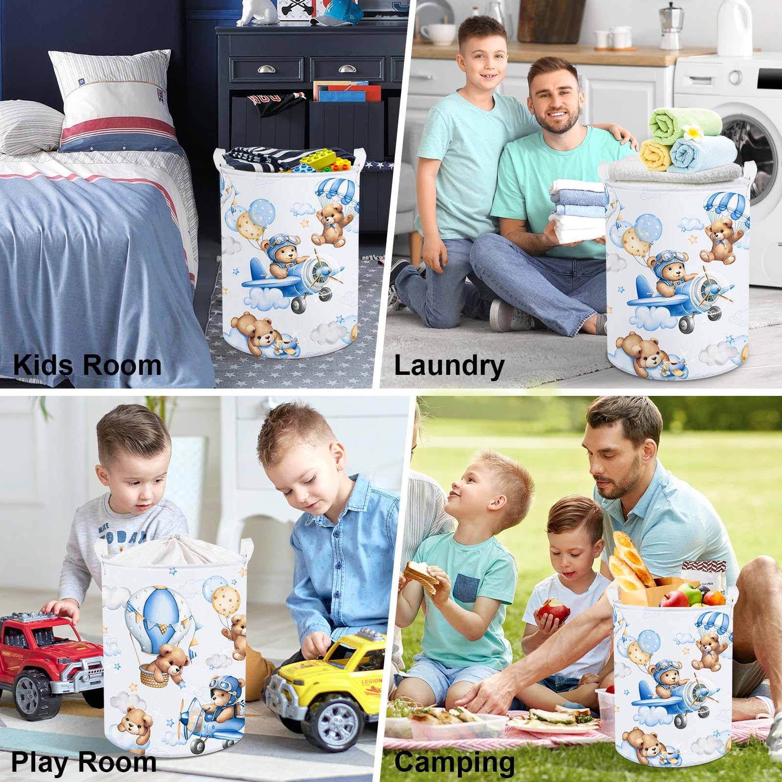 Clastyle 45L Large Blue Bear Pilot Kid Boy Girl Laundry Hamper with Handle Collapsible Balloon Clothes Toy Storage Basket with Lid for Nursery