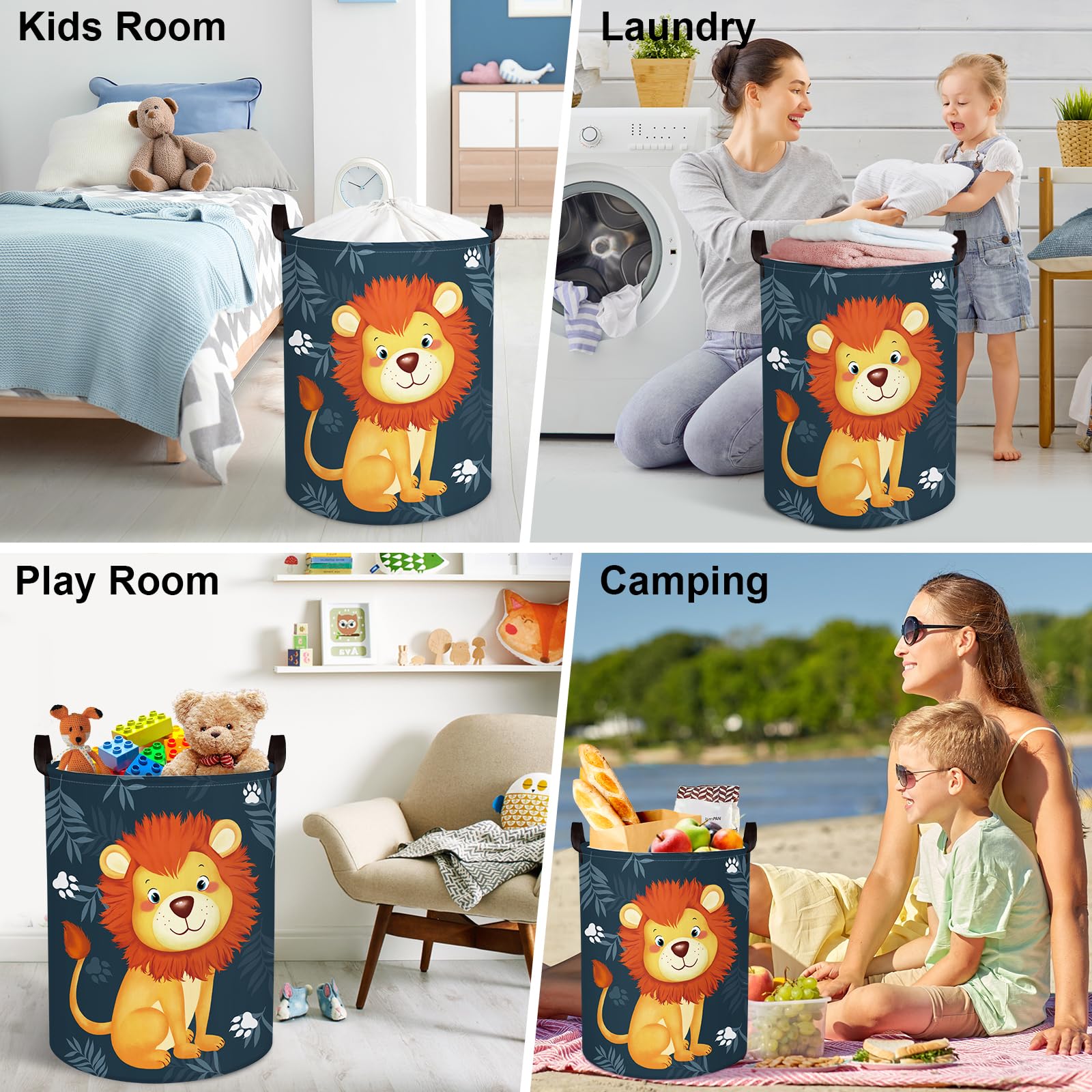 Clastyle 63L Large Lion Kid Laundry Hamper with Handle for Boy Girl Collapsible Clothes Toy Storage Basket with Lid for Bedroom Bathroom Nursery