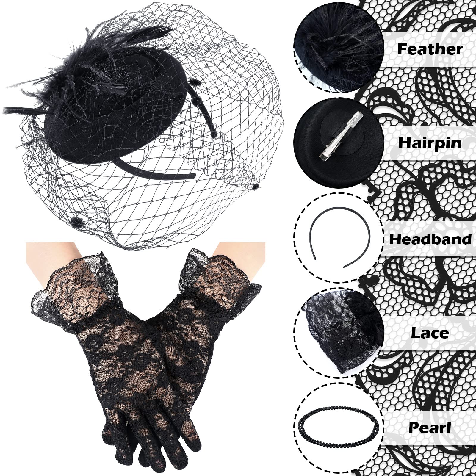 Bencailor Fascinator Hat for Women Funeral Veil Hats Set Include Mesh Hats Lace Gloves Necklace Earring for Tea Party(Floral Style)