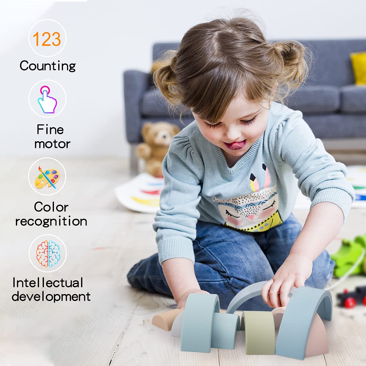 Macabaka Silicone Rainbow Stacker Nesting Puzzle Building Blocks Stacking Toys, Boho Baby Toys, 10 Pcs Educational Toys Learning Montessori Toys for Toddlers Kids, BPA-Free, Rainbow Series