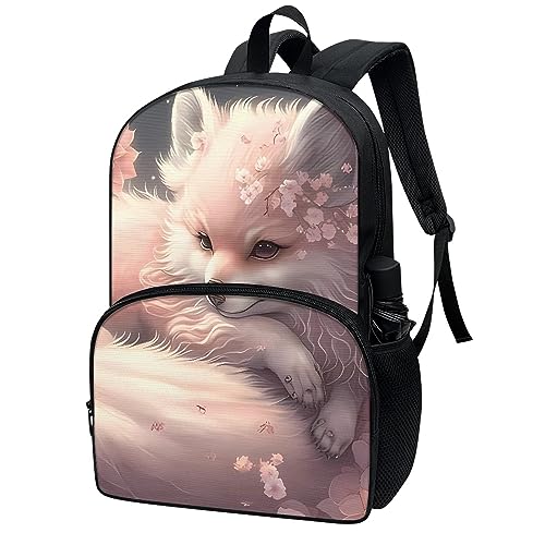 DMOYALA Cute Fox Love Backpack for Girls and Boys Cute Fox Baby Blossom Pink Backpacks with Water Bottle Pocket Lightweight Canvas Back to School Supplies