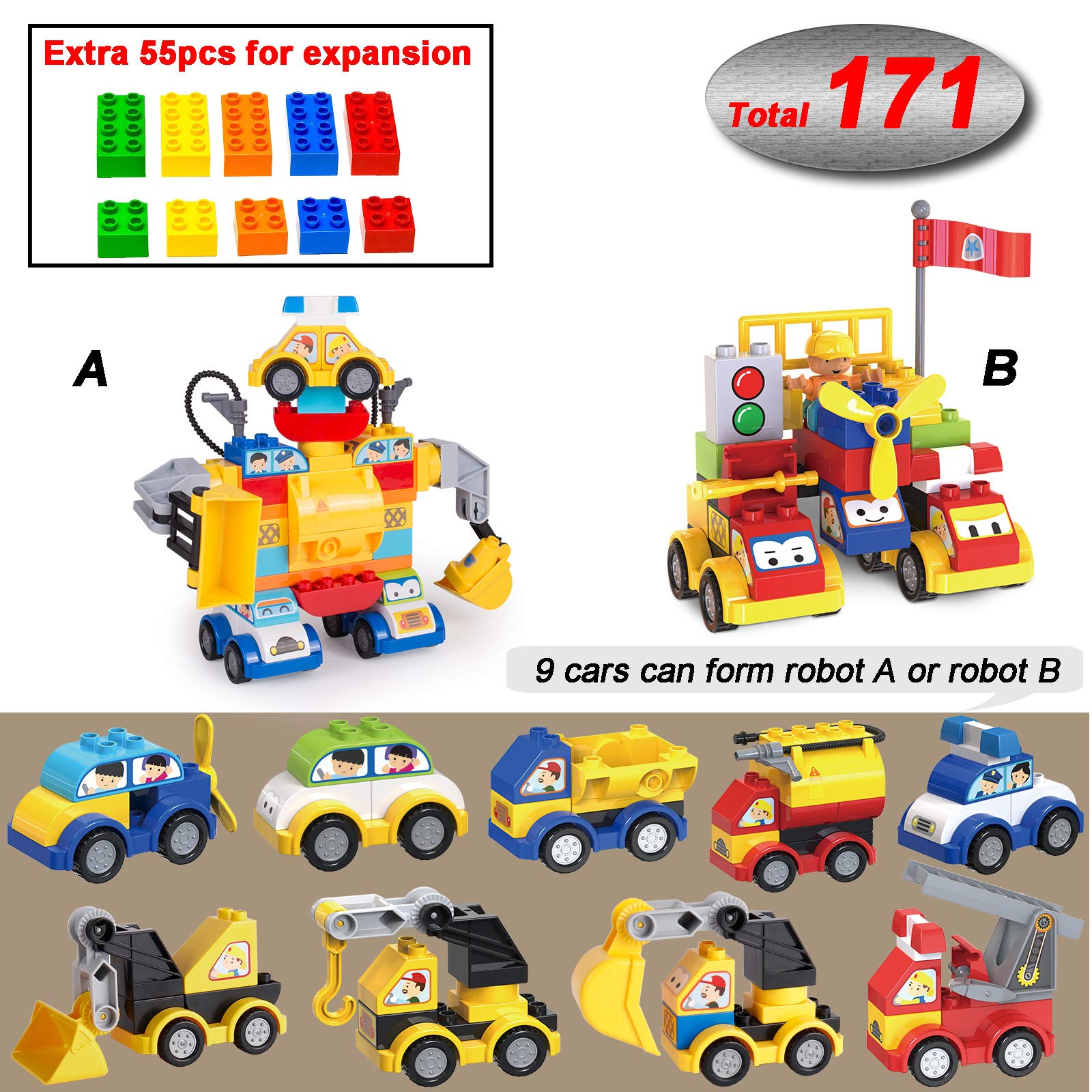 Klobroz Building Blocks for Toddlers 2-5, 171 Pieces Building Blocks Car Set for Kids Classic Large Building Bricks Compatible with All Major Brands Educational Toys Blocks for All Ages