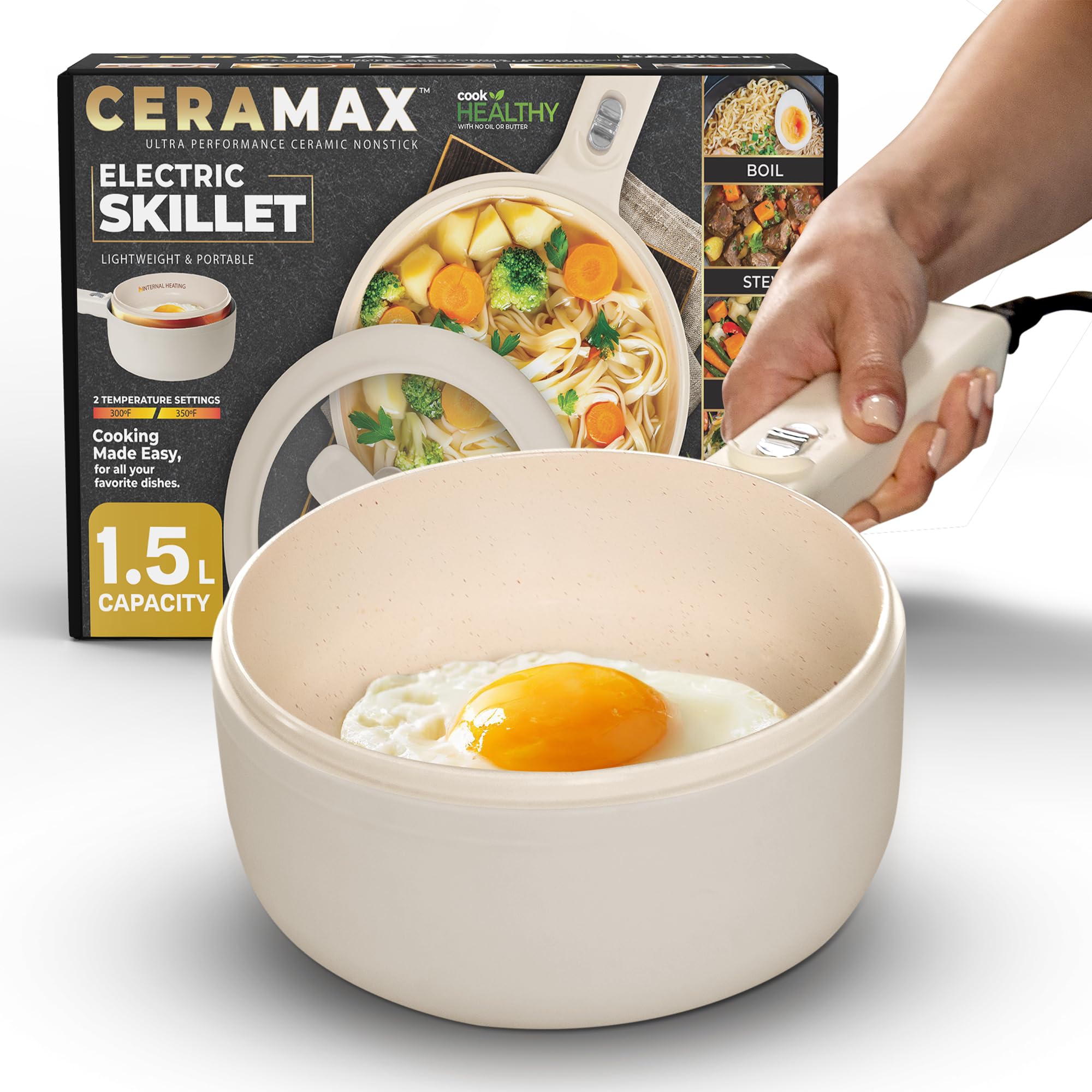 CERAMAX Electric Pot for Cooking, 10ā Electric Cooker, Nonstick Electric Skillet with Lid and Steamer, Ceramic Hot Pot Electric Frying Pan for Dorm Rooms, Camping, RVs, Work, As Seen on TV Products