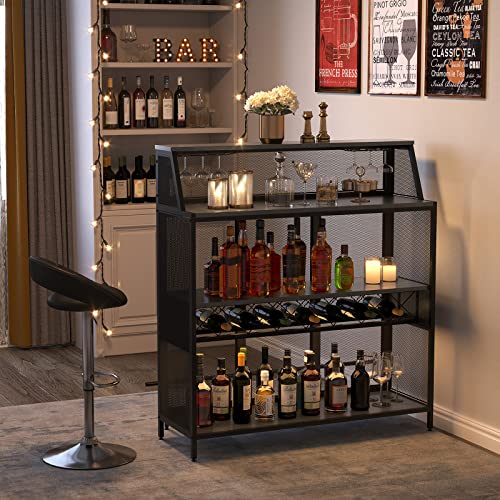 KFO Home Bar Unit, 4 Tier Bar Cabinet with Footrest, Industrial Metal Liquor Cabinet with Wine Rack Storage Shelf, Buffet Cabinet for Home Kitchen Pub (Black)