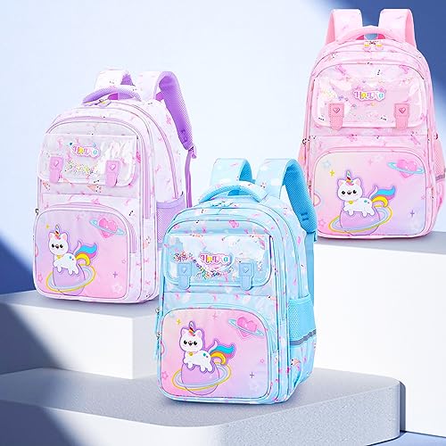 Dorlubel Girls Unicorn Backpack for Elementary School Bags Cute Love Heart Large Capacity Lightweight Bookbag(Purple Caticorn)