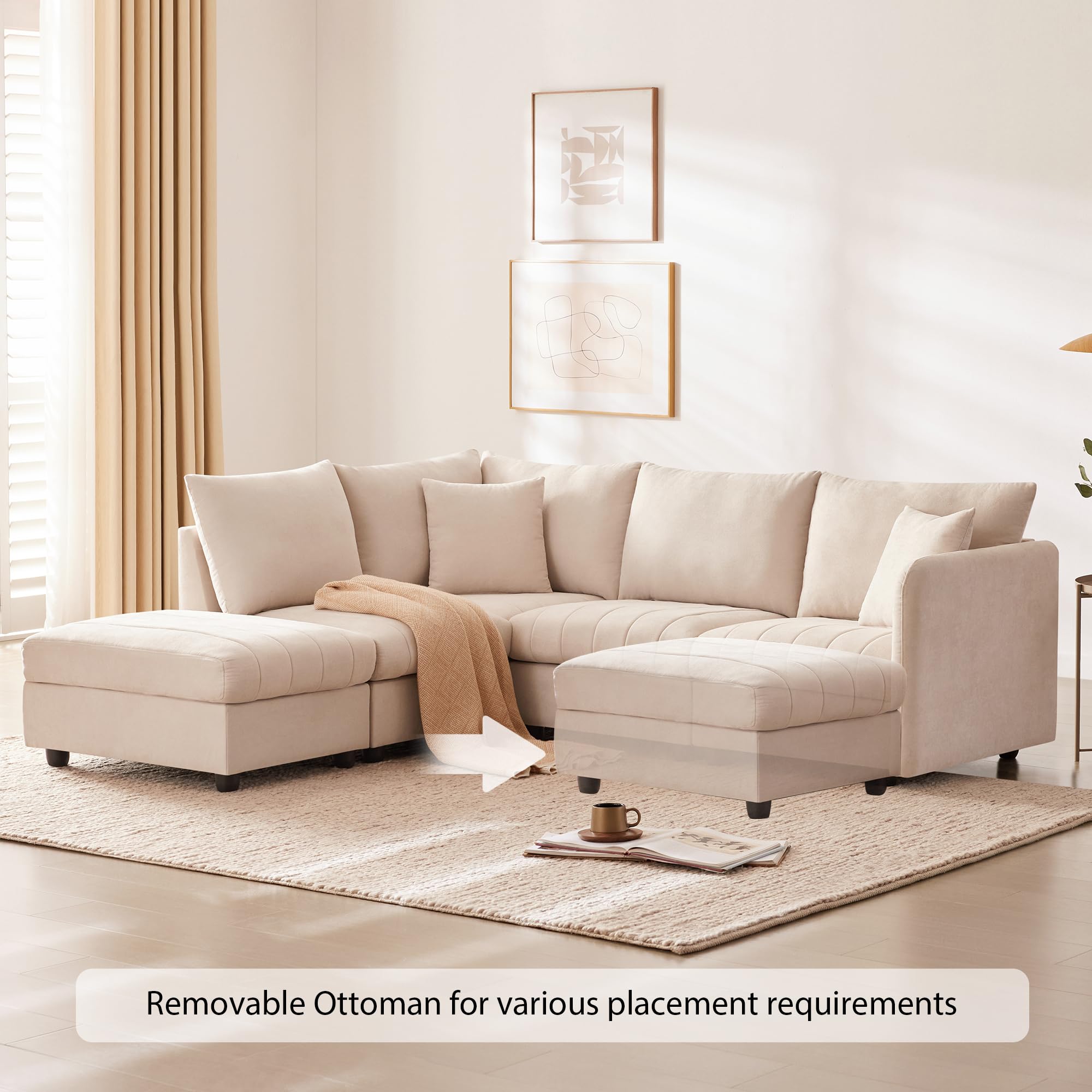 BOSTANA Convertible Sectional Sofa Couch,2 Pillows,5-Seat Couch with Convertible Ottoman,Various Combinations,L-Shape Indoor Furniture for Living Room,Apartment,Office(Beige)