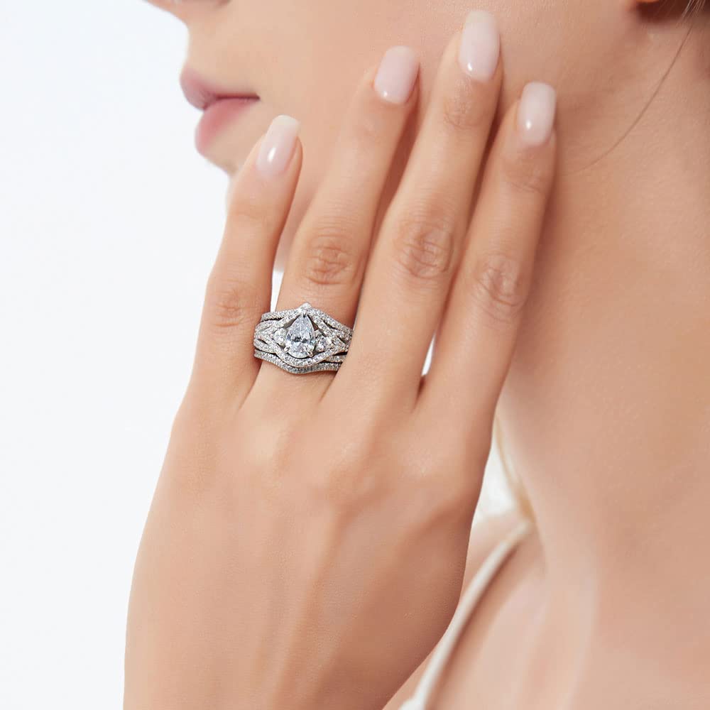 BERRICLE Sterling Silver 3-Stone Wedding Engagement Rings Pear Cut Cubic Zirconia CZ Woven Ring Set for Women, Rhodium Plated Size 4