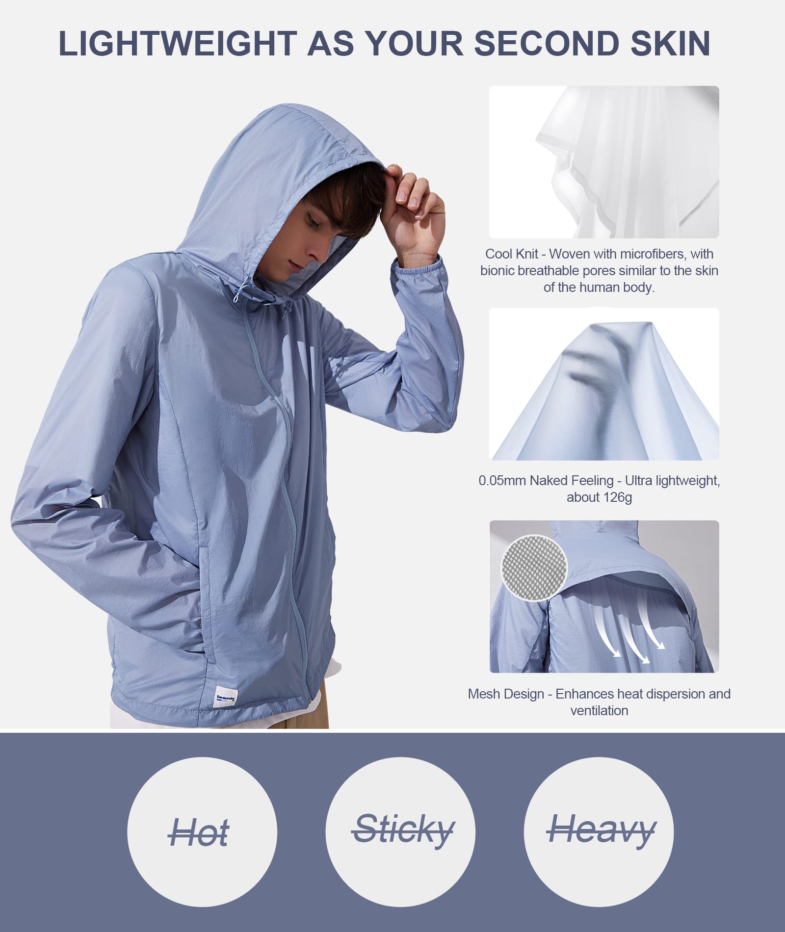 BENEUNDER UPF 50+ Outdoor Jackets Unisex, Full Zip-Up Lightweight Quick-Dry Jacket for Hiking Cycling Water Sports(SkyBlue 170/92A)