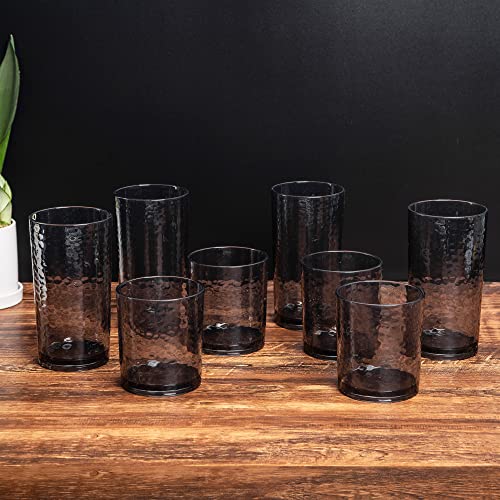 KX-WARE 14-ounce and 20-ounce Acrylic Glasses Plastic Tumbler, set of 8 Smoky Grey - Hammered Style, Dishwasher Safe, BPA Free