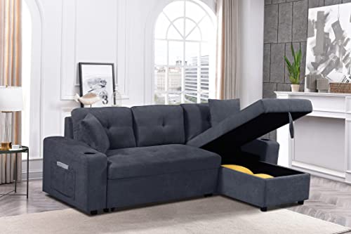 Longrune Modern Velvet Sectional Convertible with 2 Cupholders and Two Side Pockets,Reversible Pull Out Couch Storage Chaise Lounge for Living Room Apartment, Dark Gray