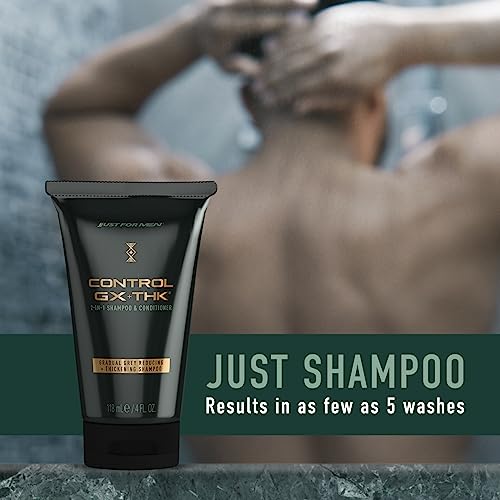 Just for Men Control GX + THK Grey Reducing and Thickening 2-in-1 Shampoo & Conditioner with Alpha Keratin, Thickens Hair Up to 20%, Works with Every Hair Texture, 4 oz (Pack of 1)