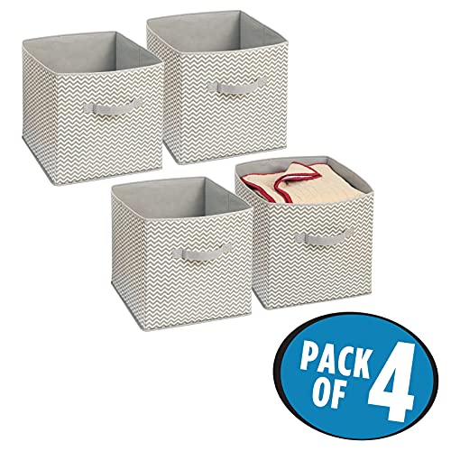 mDesign Large Soft Fabric Closet, Home Storage Organizer Cube Bin Box, Front Handle - Storage for Closet, Bedroom, Furniture Shelving Units - Chevron Zig-Zag Print, 12.75" High, 4 Pack - Taupe/Natural