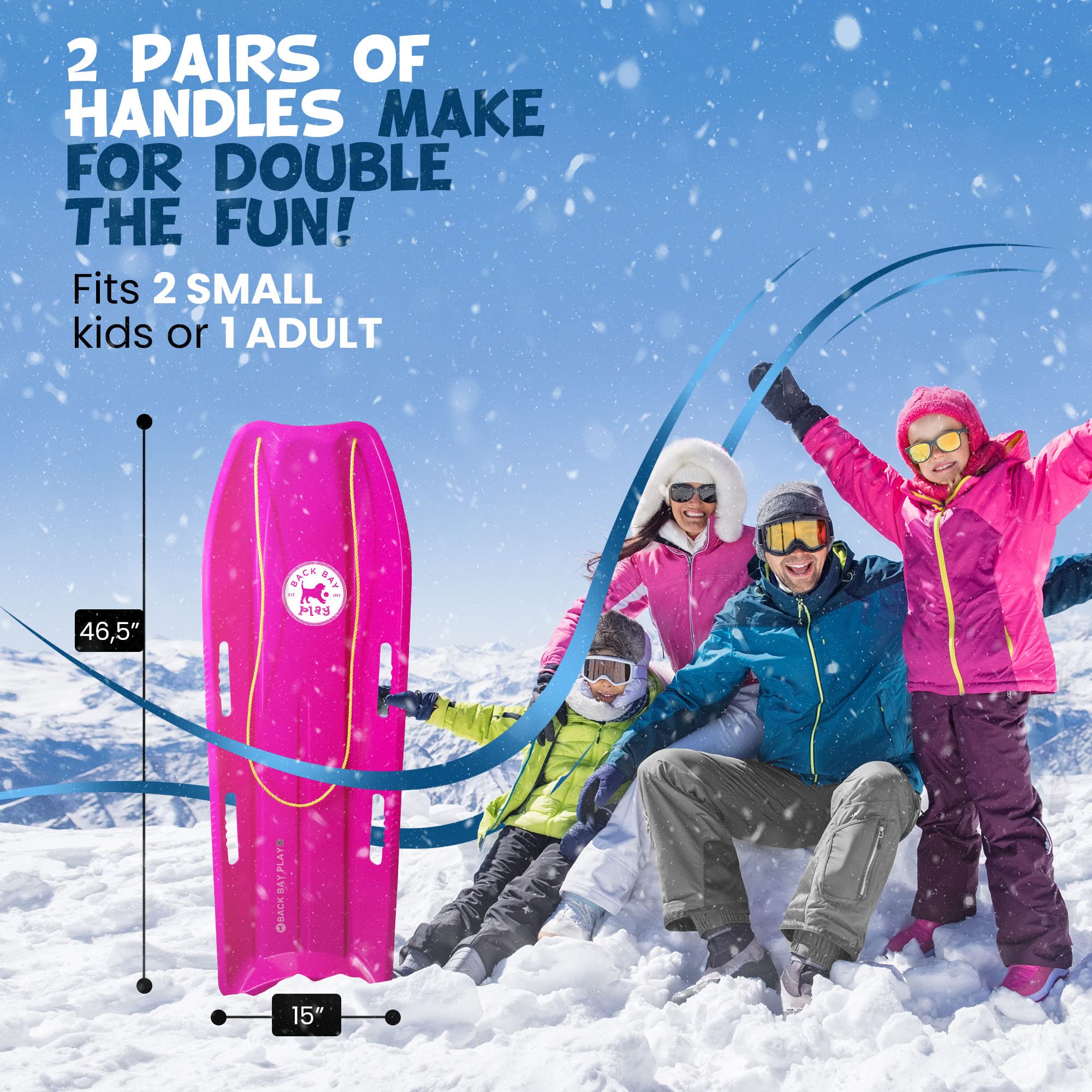 Back Bay Play 47" Snow Sled Racer High Density Plastic Sled with Pull Rope Bundled with 30" Plastic Snow Shovel for Kids with Handle and Scoop