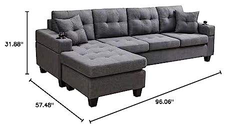 DNYN Modern Sectional Sofa Couch,Polyester Fabric 3-Seater L-Shape Corer Sofá with Chaise & Cup Holders & Removable Cushions & Throw Pillows, Furniture for Home or Office, Gray