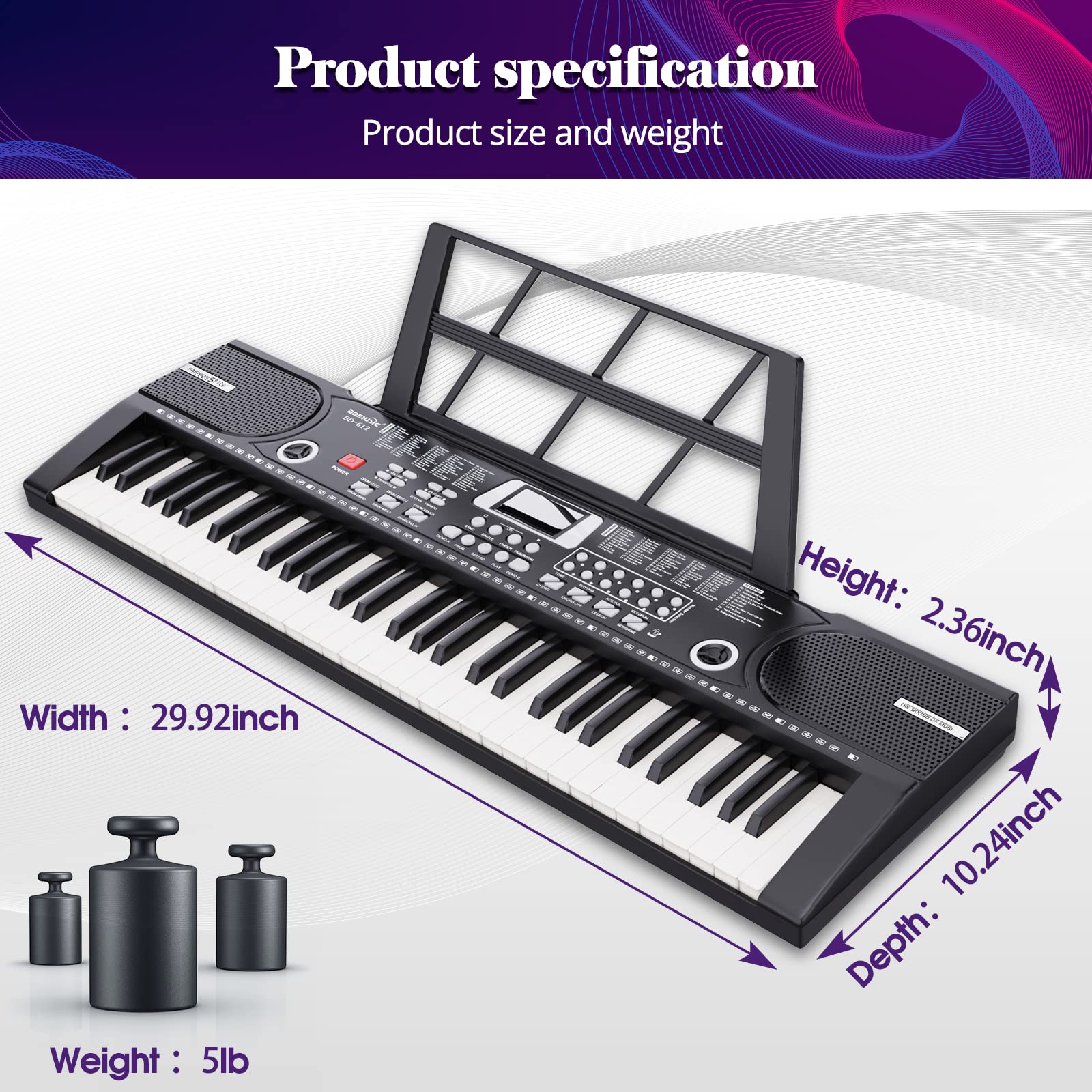 Camide 61 Keys Keyboard Piano, Electronic Digital Piano with Built-In Speaker Microphone, Sheet Stand and Power Supply, Portable Keyboard Gift Teaching for Beginners