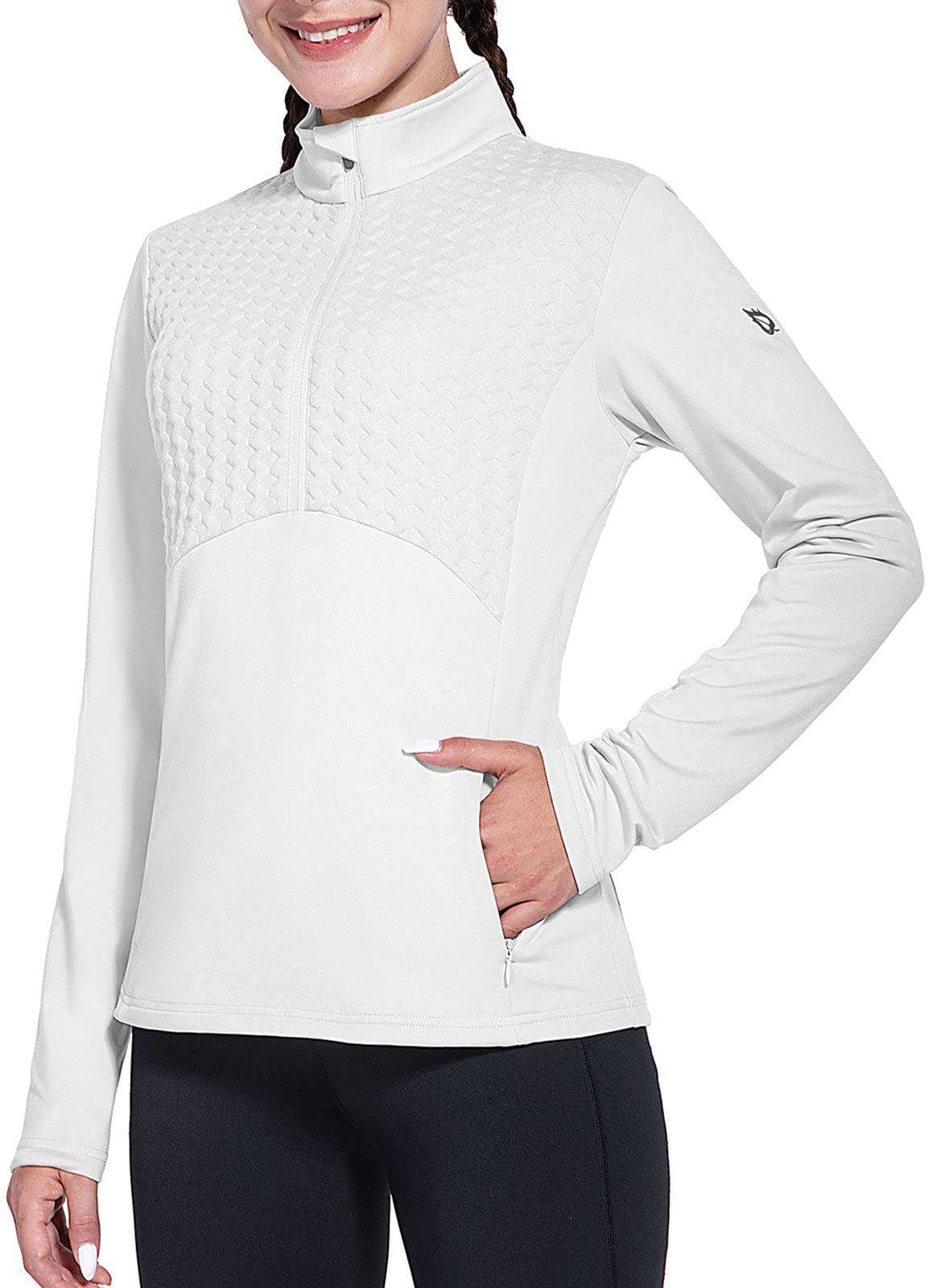 BALEAF Women's Fleece Equestrian Shirt Long Sleeve Running Jacket Pullover Half Zip Thermal Horse Riding Cold Weather Gear White M