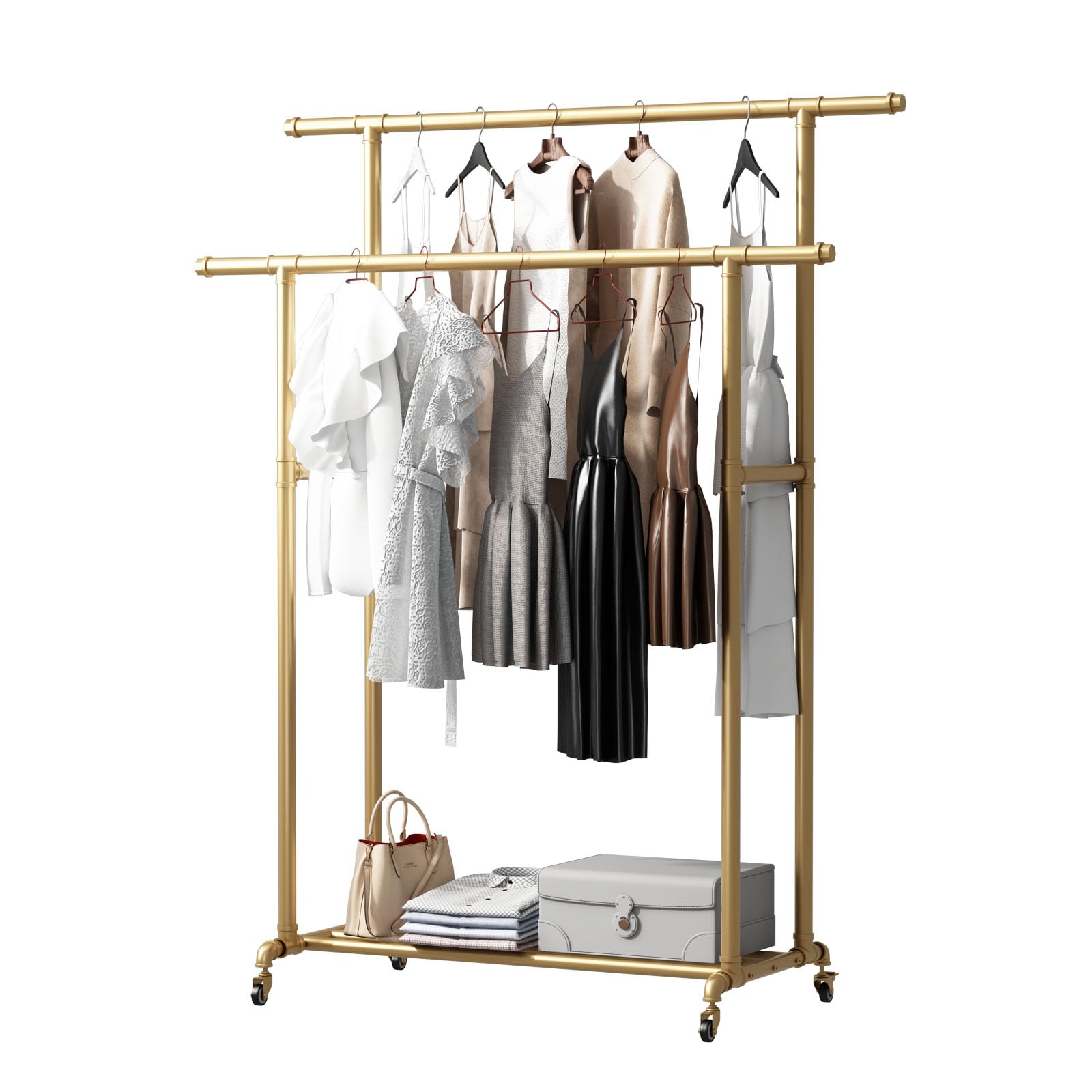 BOSURU Double-Rod Gold Clothes Racks, Industrial Pipe Clothing Rack with Wheels, Garment Rack with Shelf and 2 Side Rods, Loads up to 220 lb, for Bedroom, Clothing Store, Gold