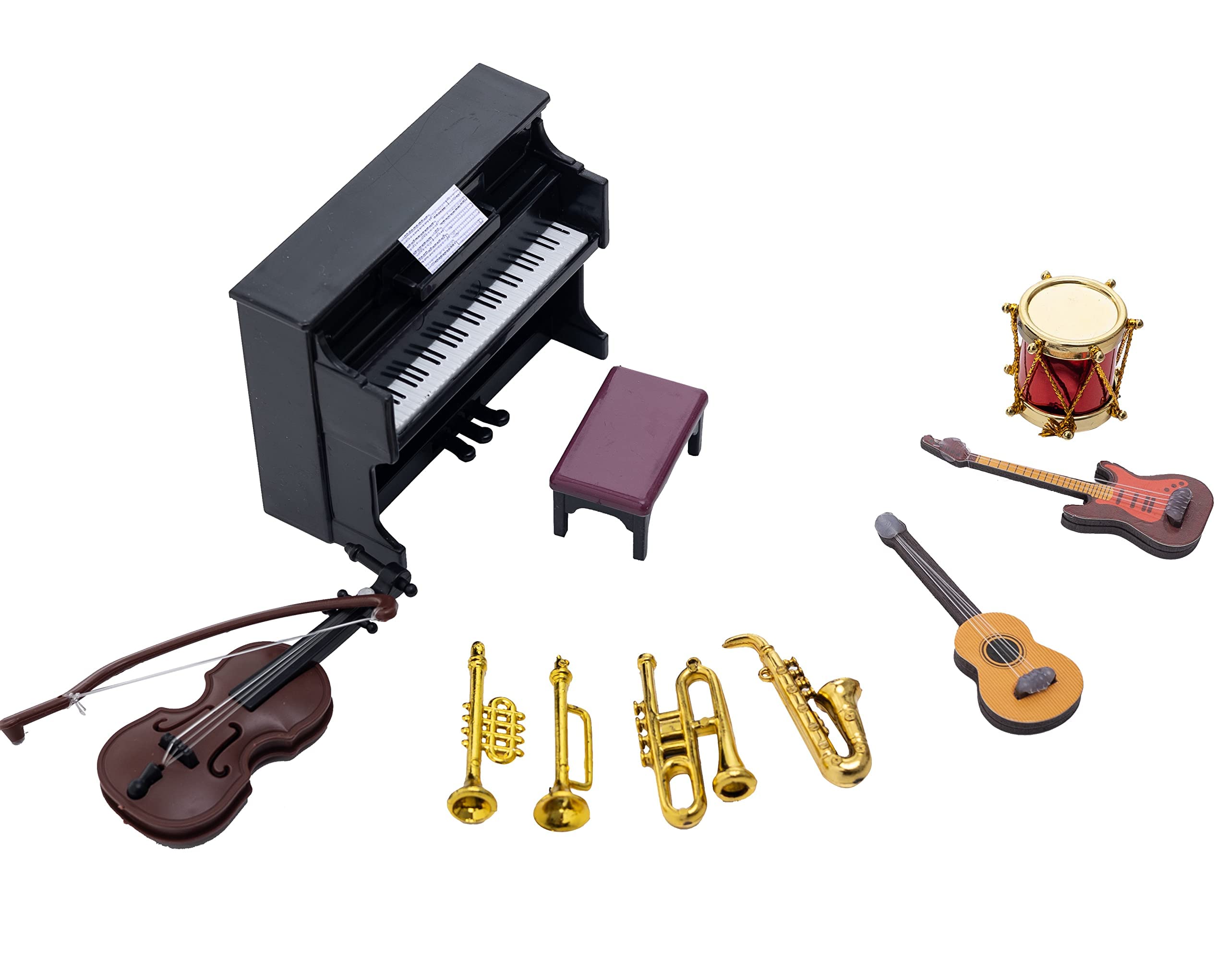 Kodycity Dollhouse Miniature Musical Instruments Set Mini Accessories Piano Violin Trumpet Guitar Saxophone Drum Doll House Accessory Miniatures 1 12 Scale for Model Music Room Decor