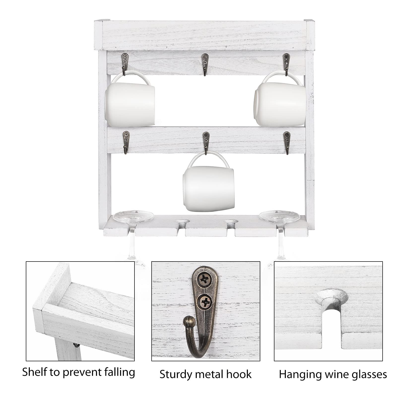 NANANARDOSO Wood Coffee Mug Holder Stand, Wine Glass Rack, Coffee Cup Holder Wall Mounted with 6 Hooks and 4 Stemware, Coffee Mug Rack for Home Kitchen Countertop Display and Collection, White