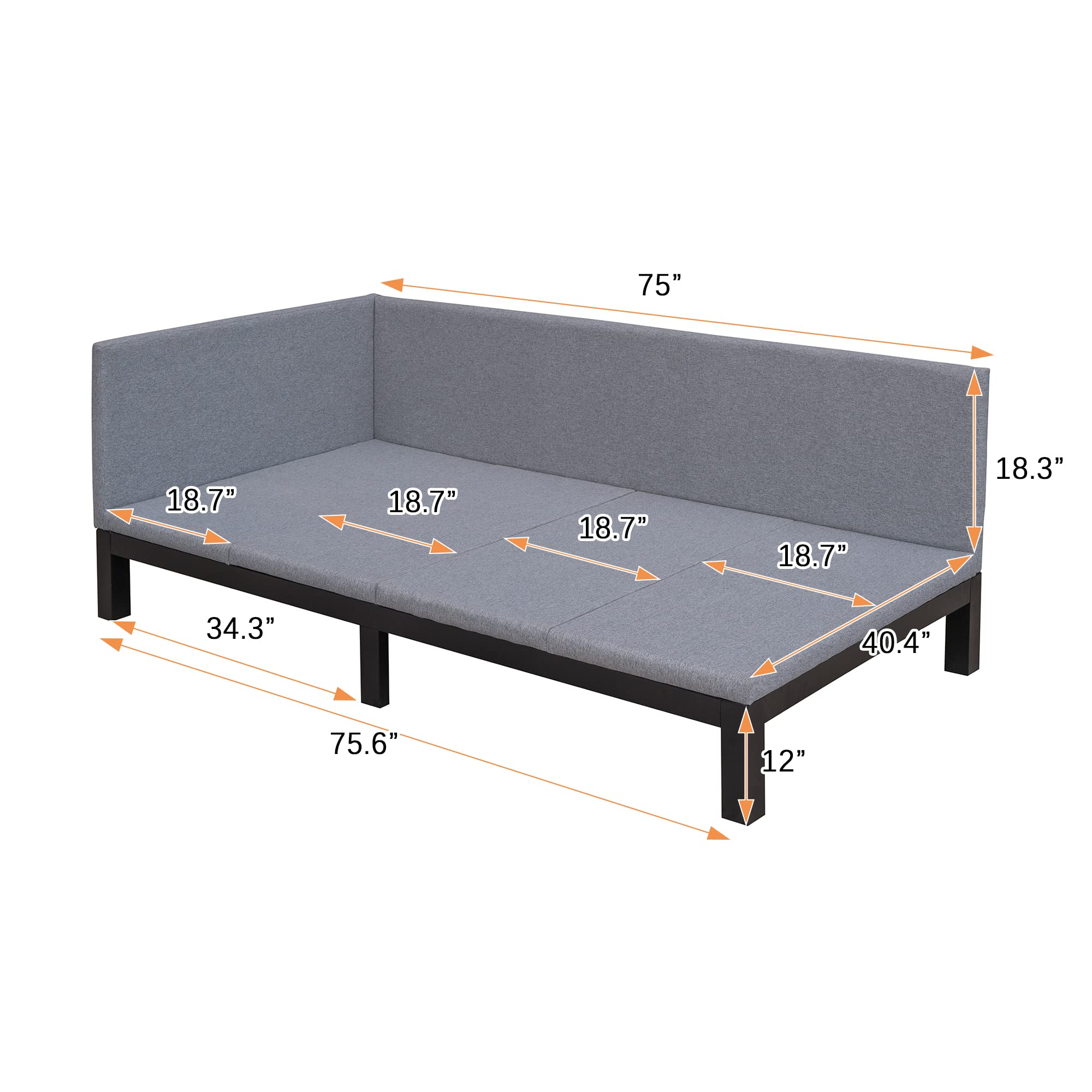 P PURLOVE Upholstered Twin Size Daybed Frame with Backrest and Armrest,L Shaped Wood Sofa Bed Corner DayBed Frame Twin for Kids,for Bedroom Living Guest Room(Twin Size,Gray Bed Frame)
